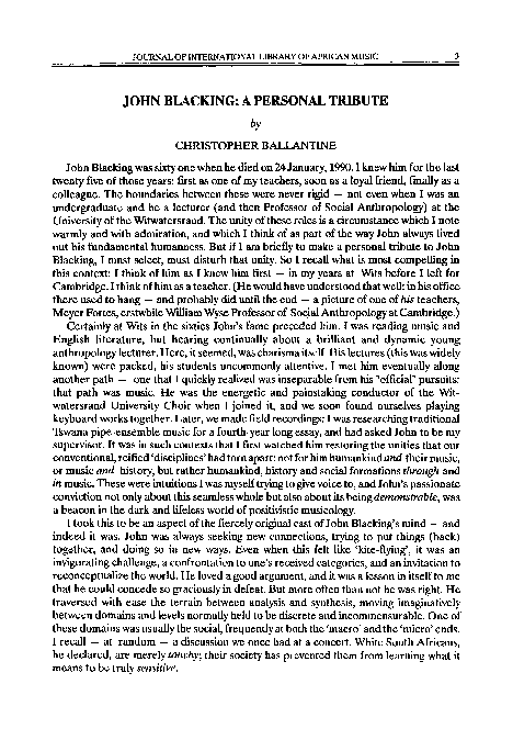 (PDF) John Blacking: a personal tribute