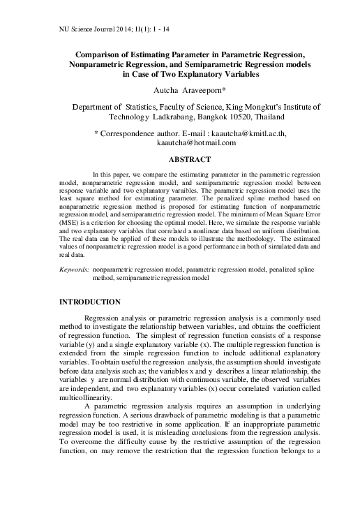 (PDF) Comparison of Estimating Parameter in Parametric Regression, Nonparametric Regression, and ...