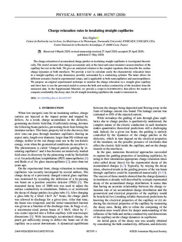 (PDF) Charge relaxation rates in insulating straight capillaries