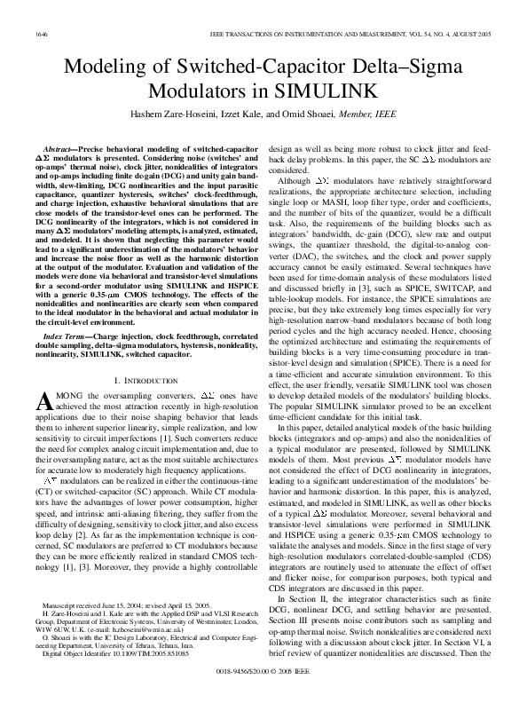 Pdf Modeling Of Switched Capacitor Delta Sigma Modulators In Simulink
