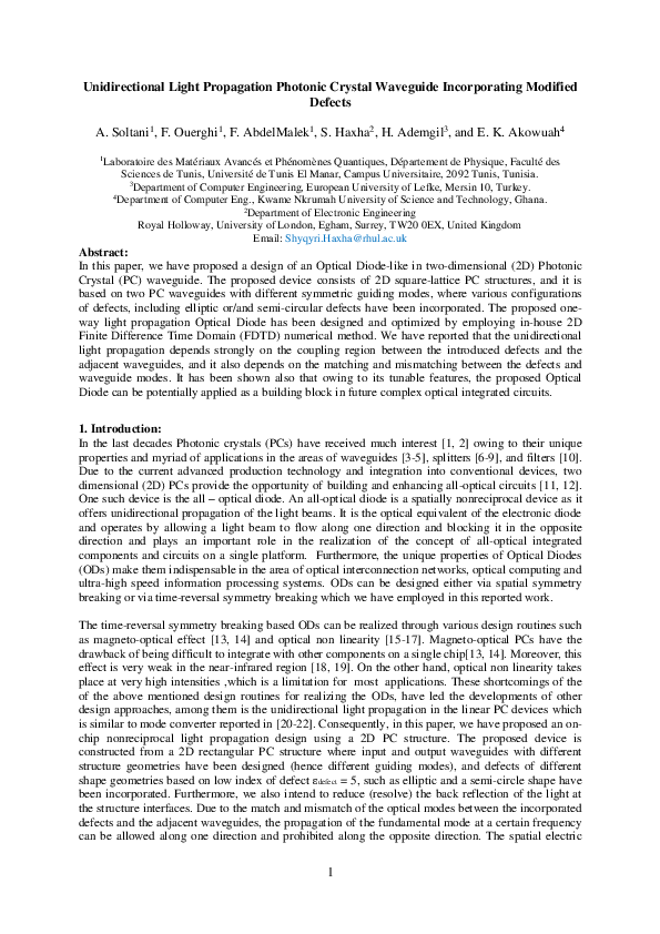 (PDF) Unidirectional light propagation photonic crystal waveguide incorporating modified defects