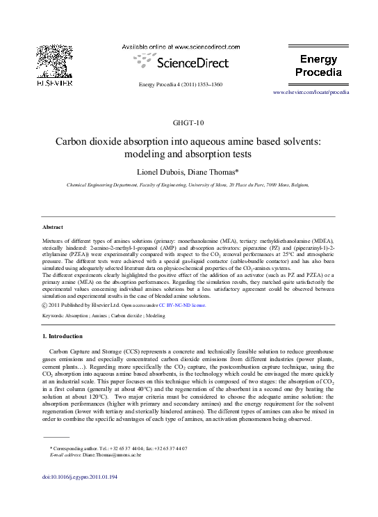 (PDF) Carbon dioxide absorption into aqueous amine based solvents ...