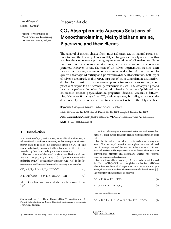 (PDF) CO2 Absorption into Aqueous Solutions of Monoethanolamine, Methyldiethanolamine ...