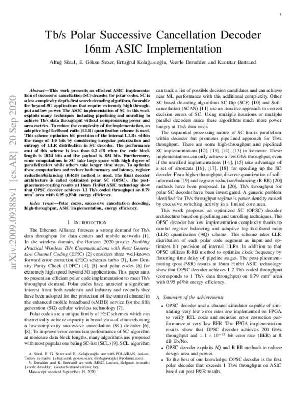 (PDF) Tb/s Polar Successive Cancellation Decoder 16nm ASIC Implementation