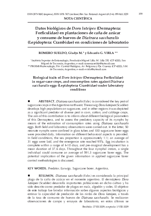 (PDF) Datos biológicos de Doru luteipes (Dermaptera: Forficulidae) en ...