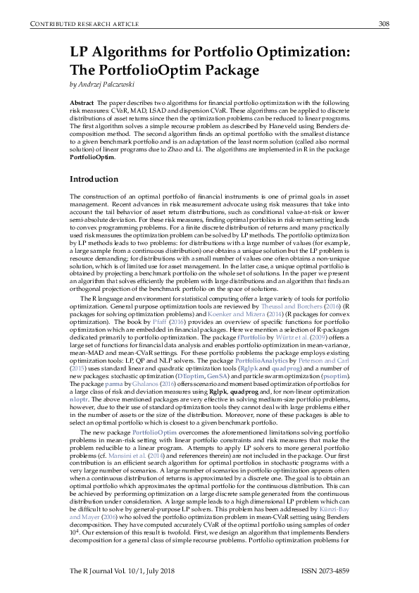 (PDF) LP Algorithms for Portfolio Optimization: The PortfolioOptim Package