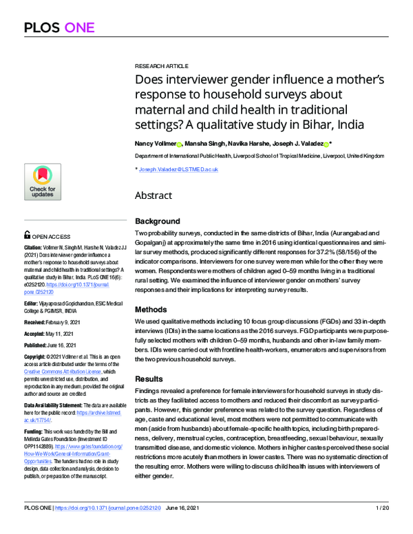 (PDF) Does interviewer gender influence a mother’s response to household surveys about maternal ...
