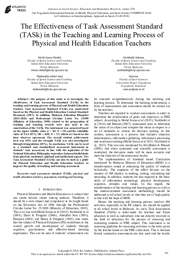 Pdf The Effectiveness Of Task Assessment Standard Task In The Teaching And Learning Process