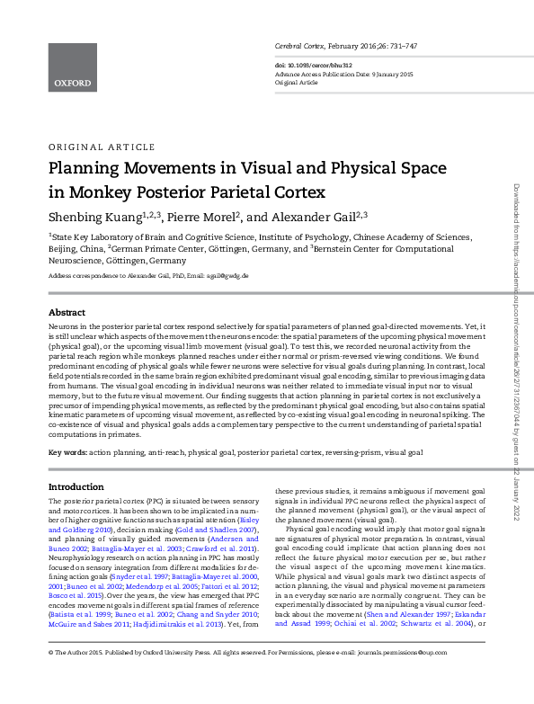 (PDF) Planning Movements in Visual and Physical Space in Monkey Posterior Parietal Cortex