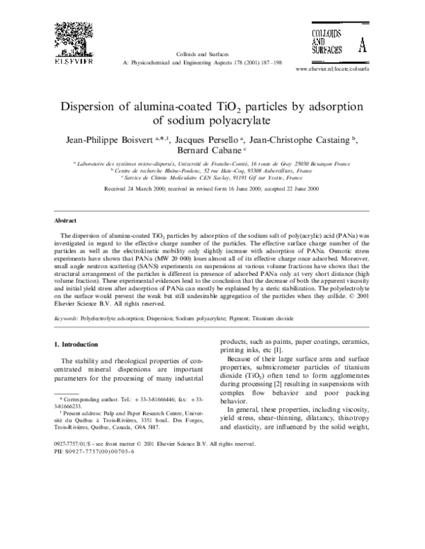(PDF) Dispersion of alumina-coated TiO2 particles by adsorption of ...