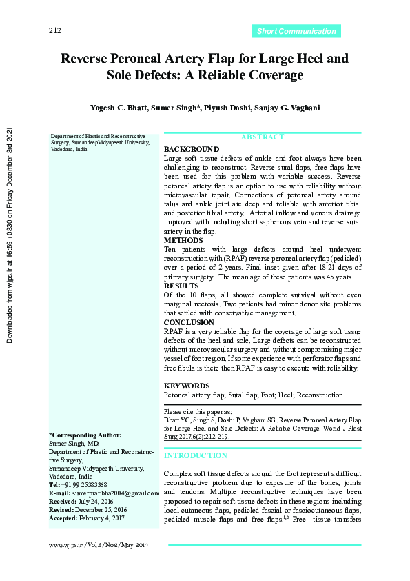 (PDF) Reverse Peroneal Artery Flap for Large Heel and Sole Defects: A ...