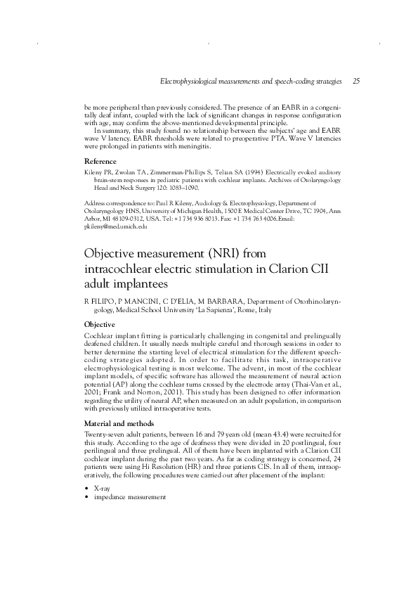 (PDF) Objective measurement (NRI) from intracochlear electric ...