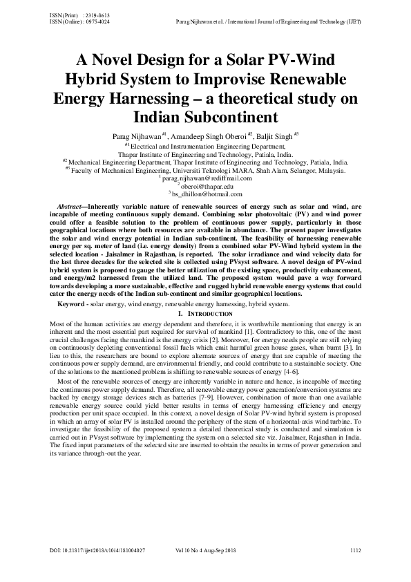 (PDF) A Novel Design for a Solar PV-Wind Hybrid System to Improvise ...