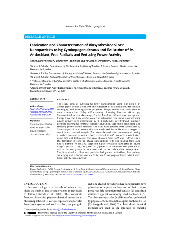 (PDF) Fabrication and Characterization of Biosynthesized Silver Nanoparticles using Cymbopogon ...