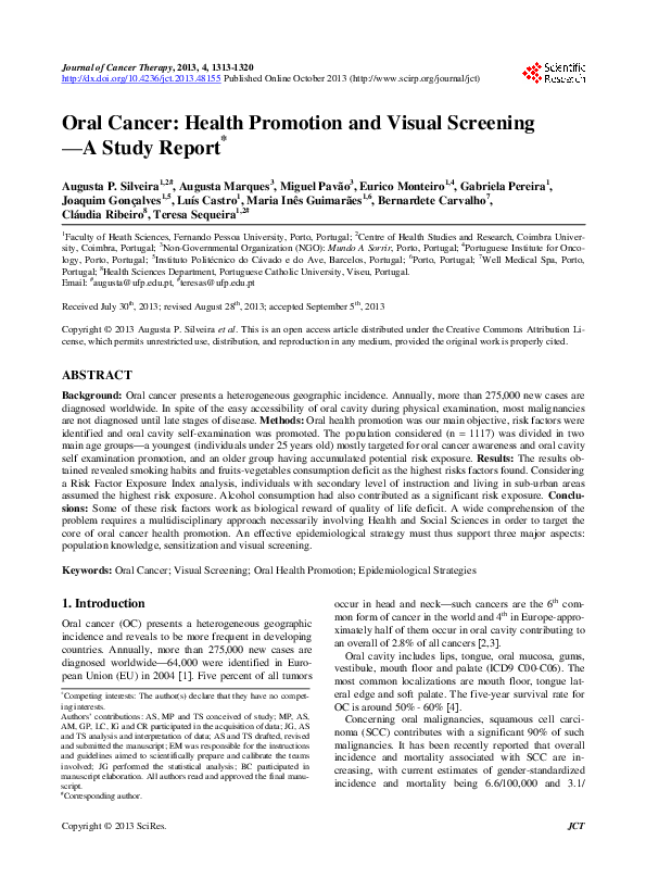(PDF) Oral Cancer: Health Promotion and Visual Screening —A Study Report