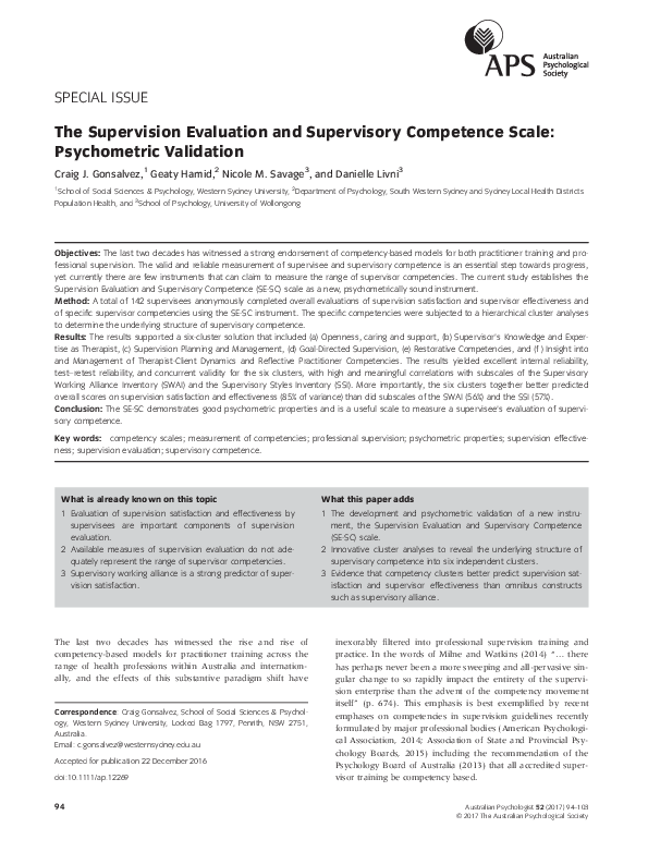 (PDF) The Supervision Evaluation and Supervisory Competence Scale ...