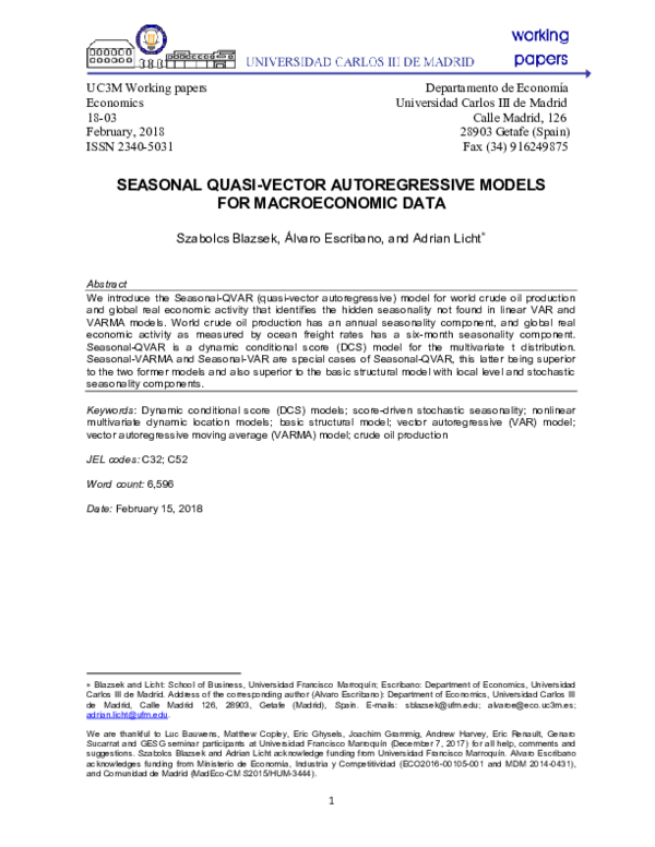 (PDF) Seasonal quasi-vector autoregressive models for macroeconomic data