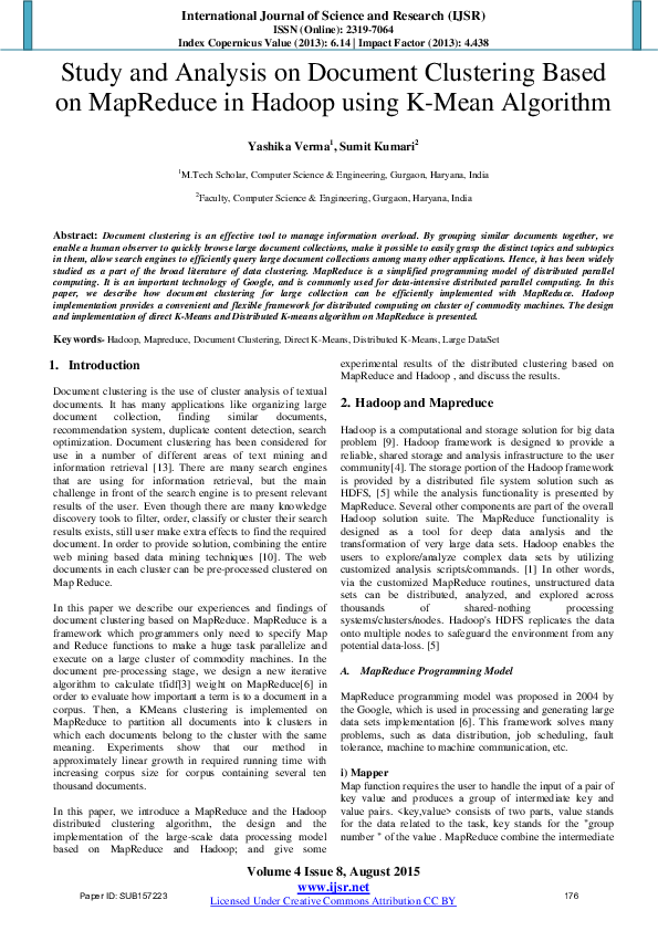 (PDF) Study and Analysis on Document Clustering Based on MapReduce in Hadoop using K-Mean Algorithm