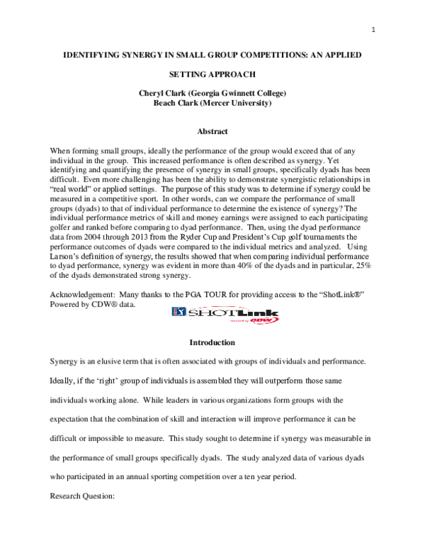 (PDF) Identifying Synergy in Small Group Competitions: An Applied ...