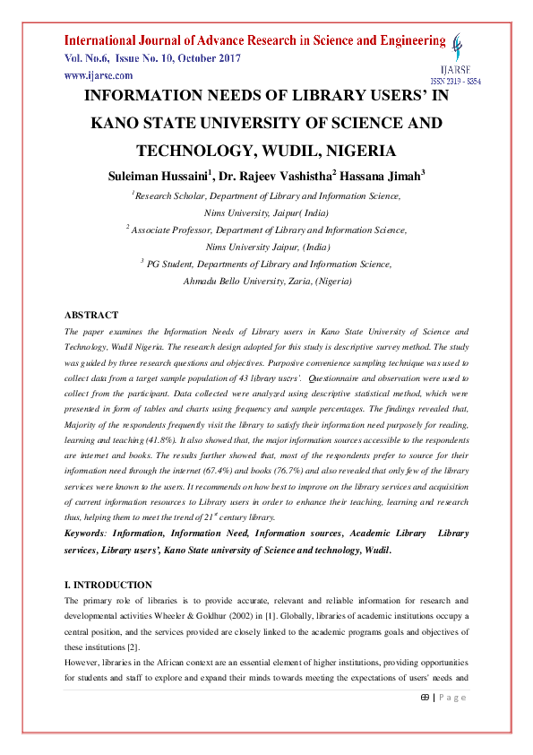 (PDF) Information Needs of Library Users’ in Kano State University of ...