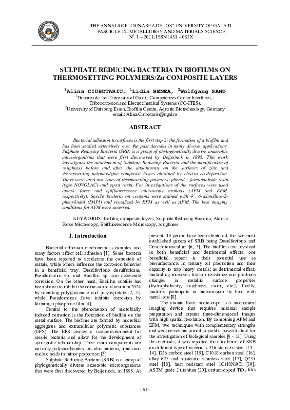 (PDF) SULPHATE REDUCING BACTERIA IN BIOFILMS ON THERMOSETTING POLYMERS/Zn COMPOSITE LAYERS