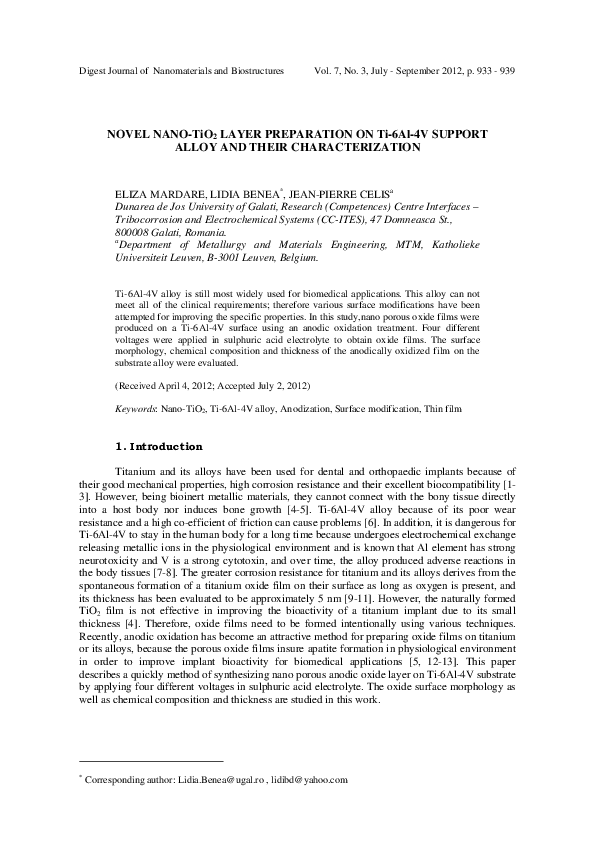 (PDF) NOVEL NANO-TiO 2 LAYER PREPARATION ON Ti-6 Al-4 V SUPPORT ALLOY ...