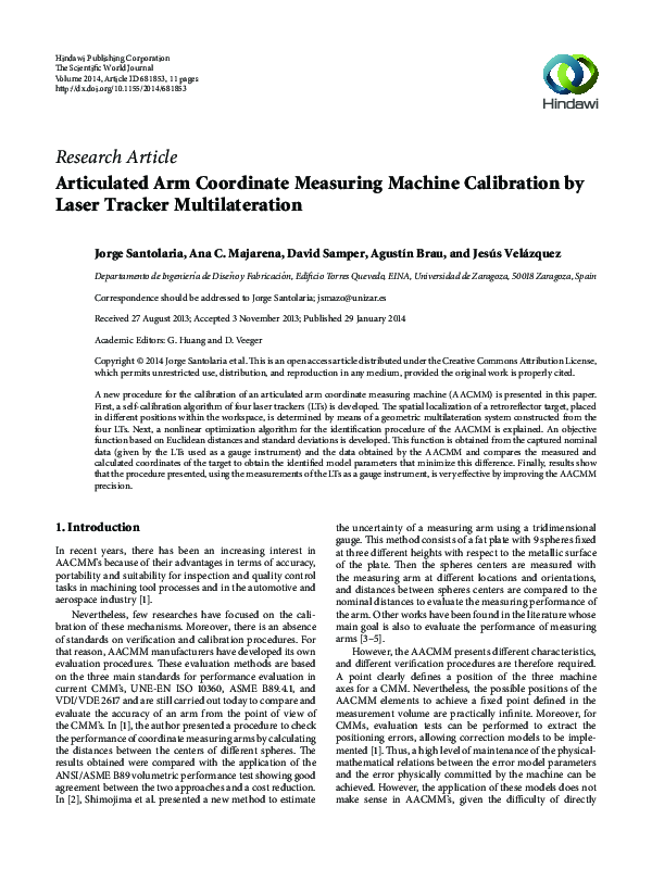 Pdf Articulated Arm Coordinate Measuring Machine Calibration By Laser Tracker Multilateration