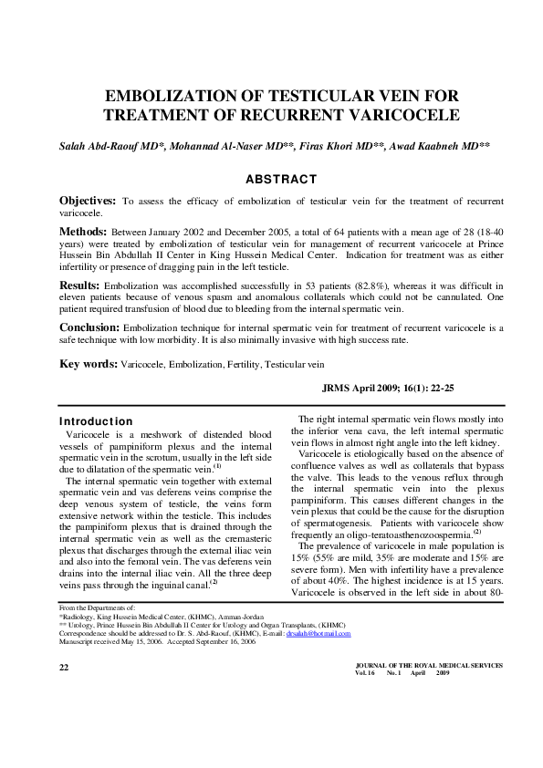 (PDF) Embolization of Testicular Vein for Treatment of Recurrent Varicocele
