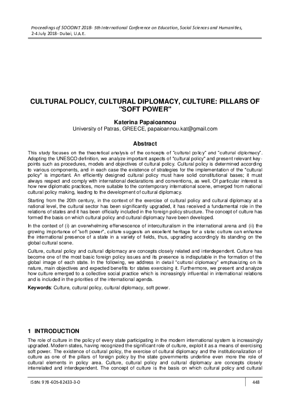 (PDF) Cultural Policy, Cultural Diplomacy, Culture: Pillars of 'Soft Power