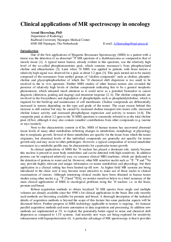 (PDF) Clinical applications of MR spectroscopy in oncology