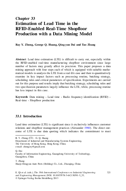 (PDF) Estimation of Lead Time in the RFID-enabled Real-time Shopfloor ...