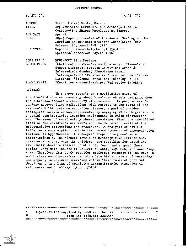 (PDF) Argumentation Structure and Metacognition in Constructing