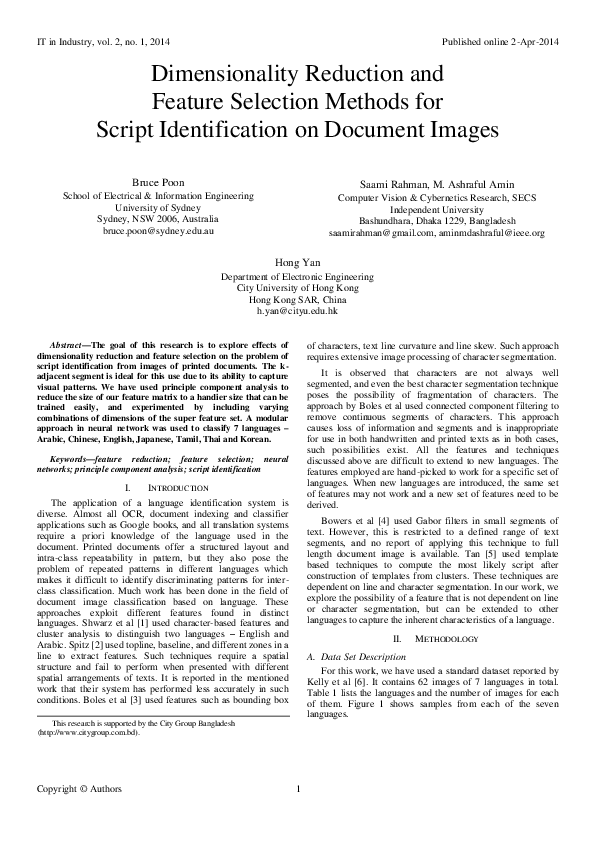 (PDF) Dimensionality Reduction and Feature Selection Methods for Script Identification on ...