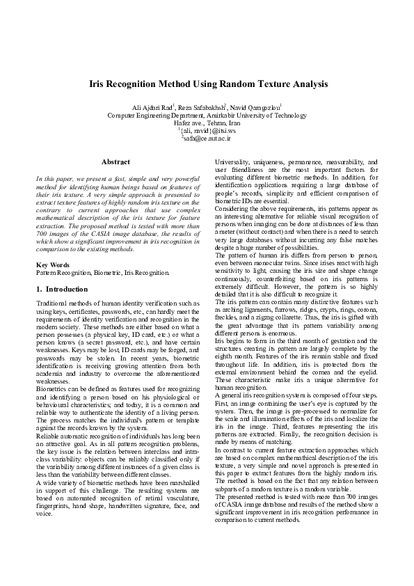 Pdf Iris Recognition Method Using Random Texture Analysis Reza