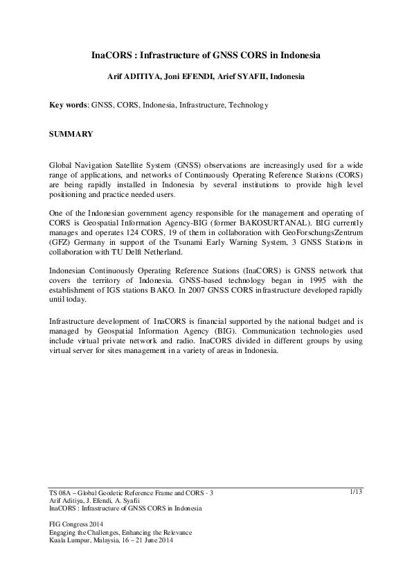 (PDF) InaCORS : Infrastructure of GNSS CORS in Indonesia
