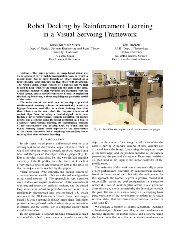 Pdf Robot Docking By Reinforcement Learning In A Visual Servoing Framework Tom Duckett