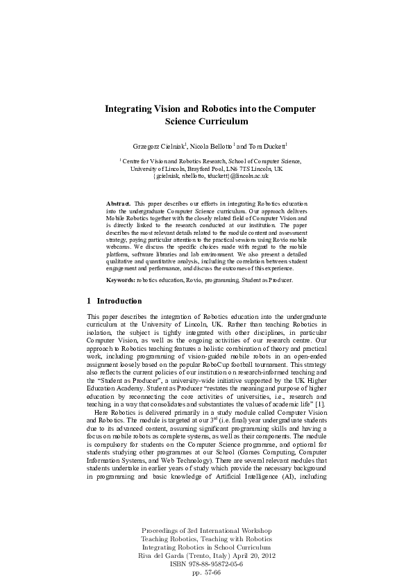 (PDF) Integrating vision and robotics into the computer science curriculum (PDF) Integrating vision and robotics into the computer science curriculum