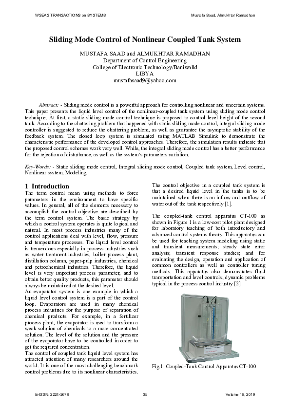 (PDF) Sliding Mode Control of Nonlinear Coupled Tank System