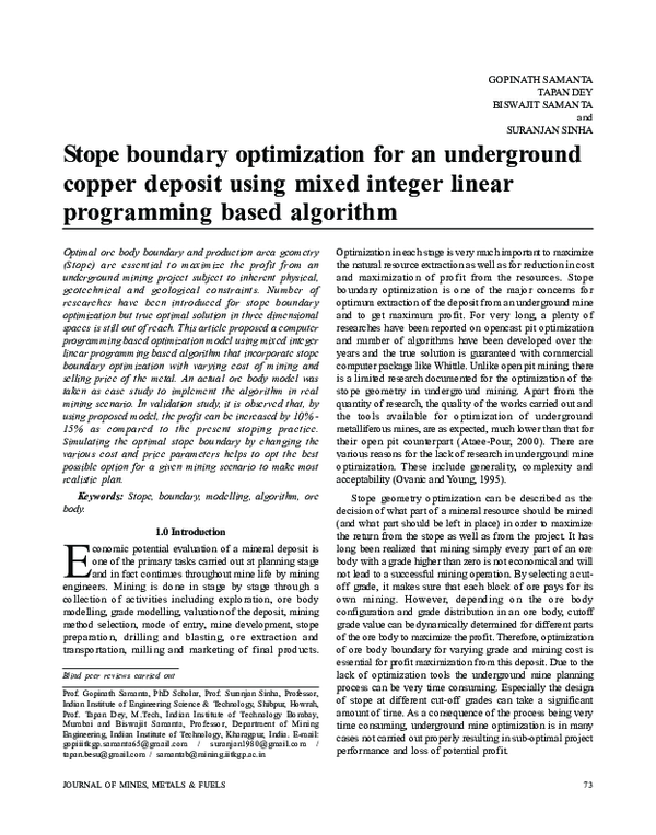 (PDF) Stope boundary optimization for an underground copper deposit using mixed integer linear ...