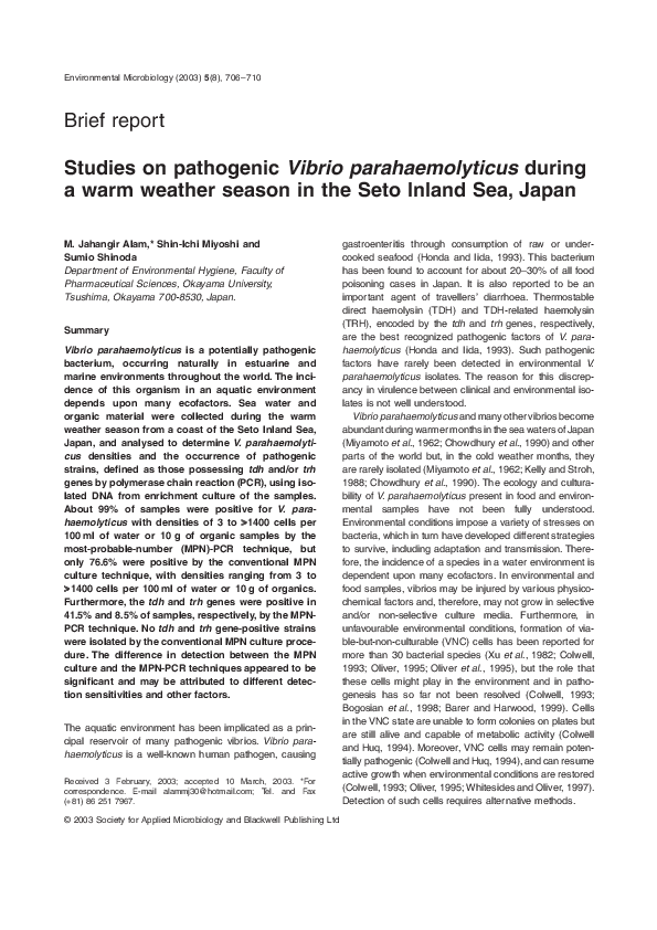(PDF) Pathogenic Vibrio parahaemolyticus in Seto Inland Sea, Japan