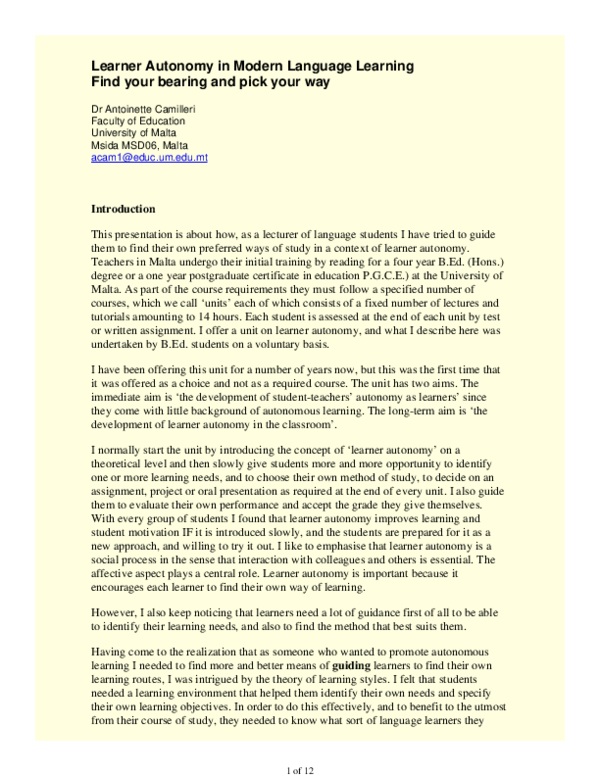 (PDF) Learner Autonomy in Modern Language Learning Find your bearing and pick your way