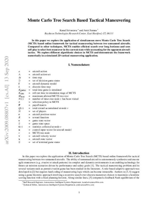(PDF) Monte Carlo Tree Search Based Tactical Maneuvering