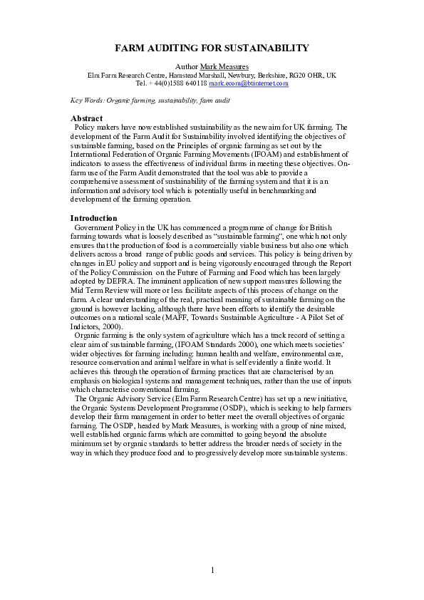 (PDF) Farm auditing for sustainability