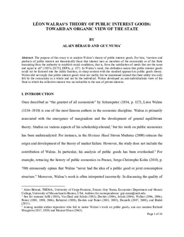 (PDF) Léon Walras’s Theory of Public Interest Goods: Toward an Organic ...