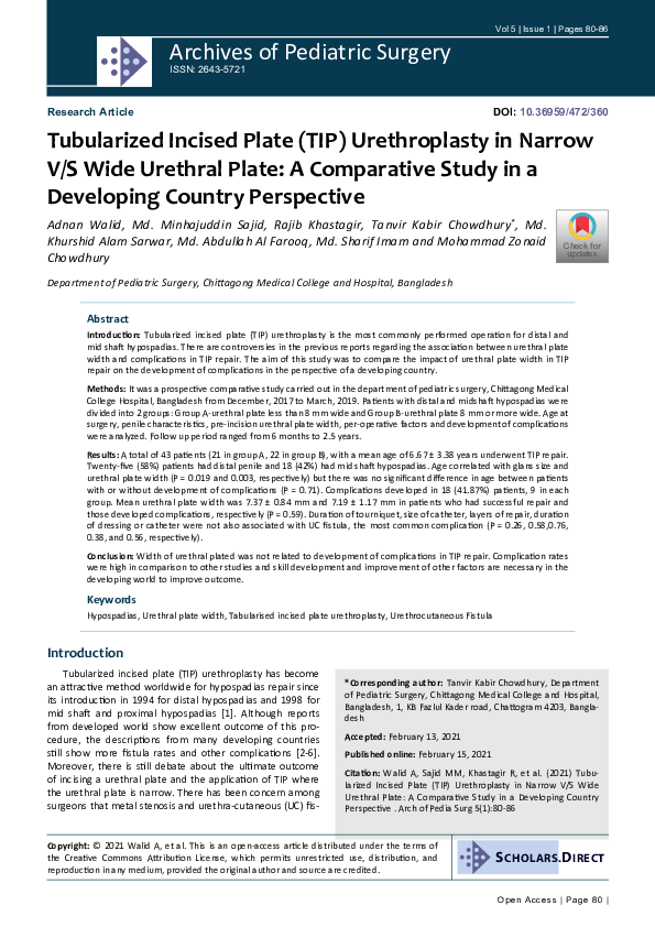 (PDF) Tubularized Incised Plate (TIP) Urethroplasty in Narrow V/S Wide ...