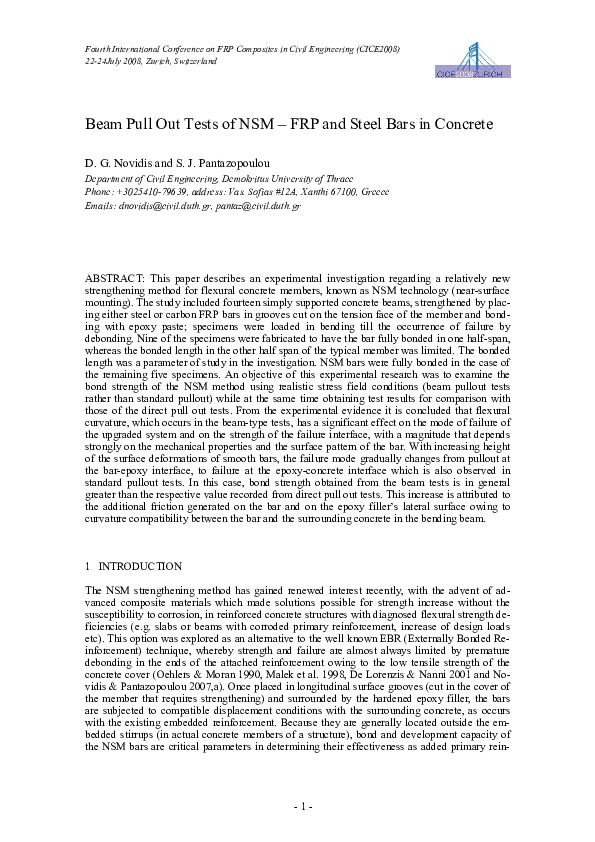 (PDF) Beam Pull Out Tests of NSM - FRP and Steel Bars in Concrete