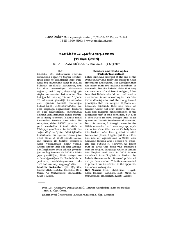 (PDF) Bahailik ve el Kitabu'l Akdes (Türkçe Çeviri)[#74509] / Bahaism ...