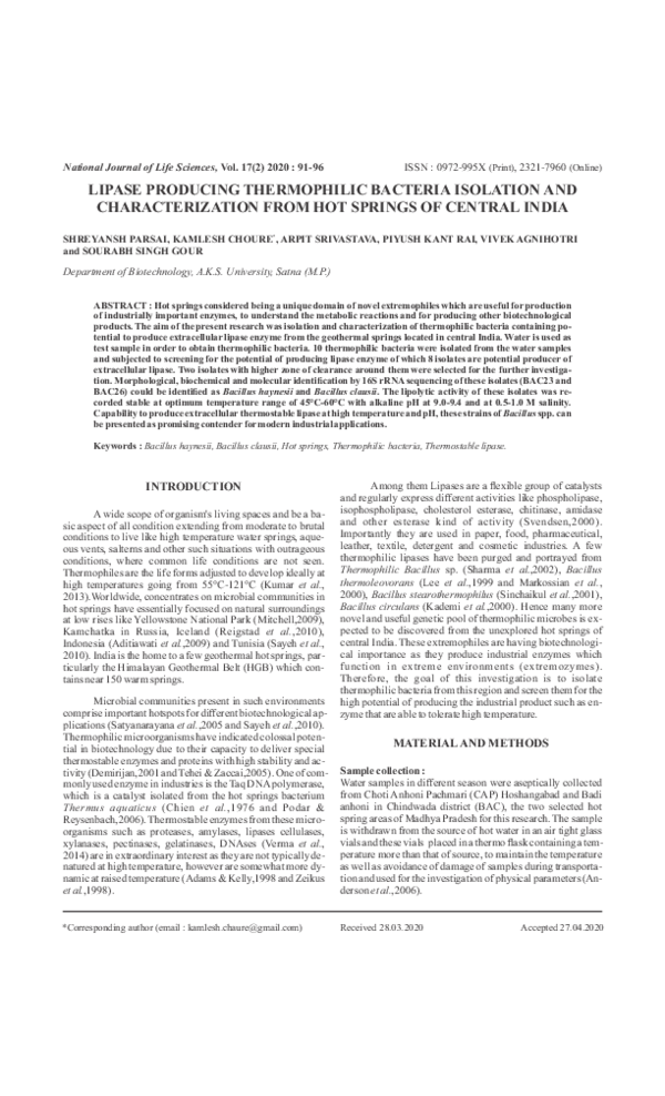 (PDF) Characterization from Hot Springs of Central India Lipase Producing Thermophilic Bacteria ...