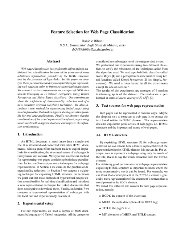 (PDF) Feature selection for web page classification