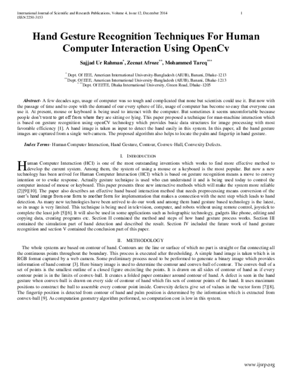 (PDF) Hand Gesture Recognition Techniques For Human Computer ...